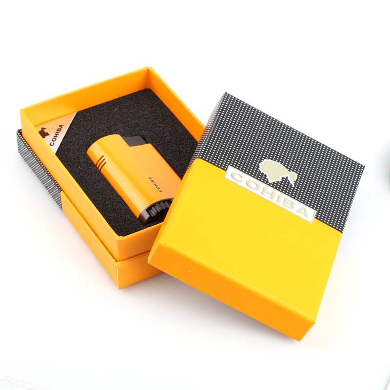 Isqueiro Maçarico Com Furador Cohiba 077 - Amarelo e Preto (3 Chamas)